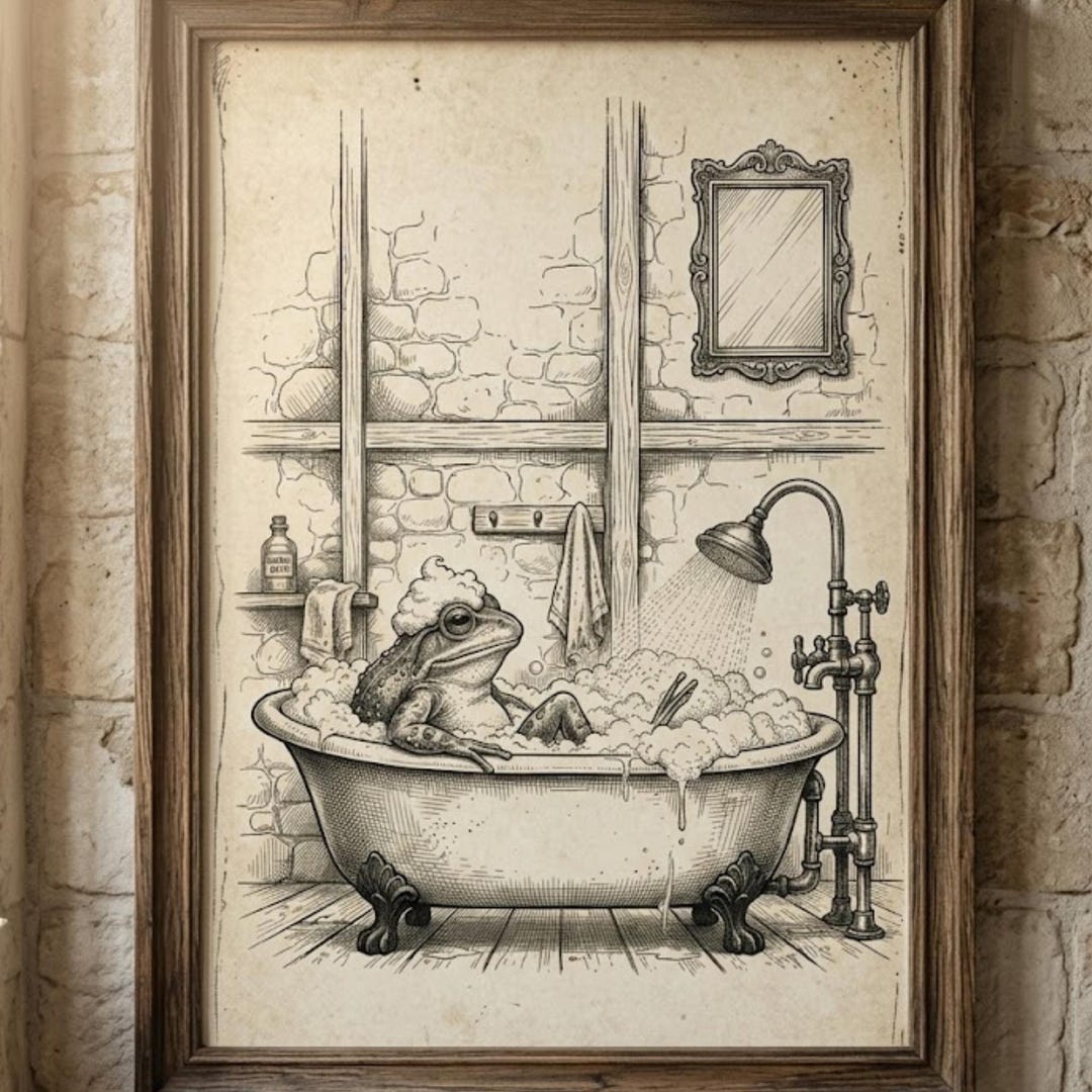 Frog Bath Art Print | Vintage Toad Bubble Bath Wall Decor | Whimsical ...