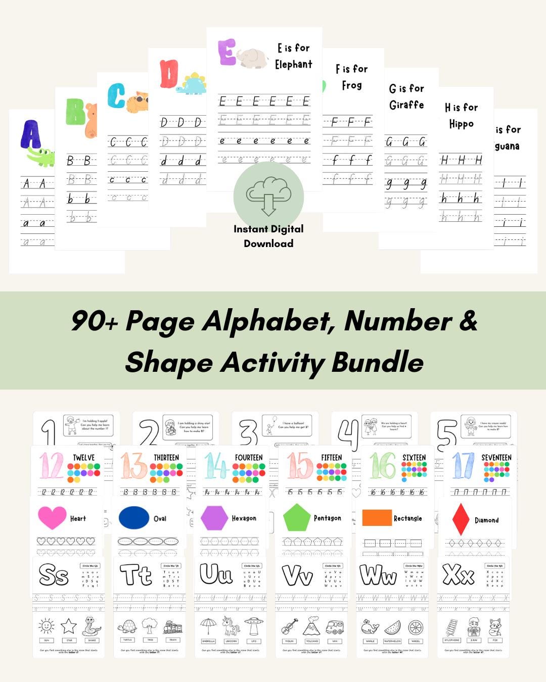 Alphabet, Number & Shape Worksheets Bundle | 90+ Printable Preschool ...