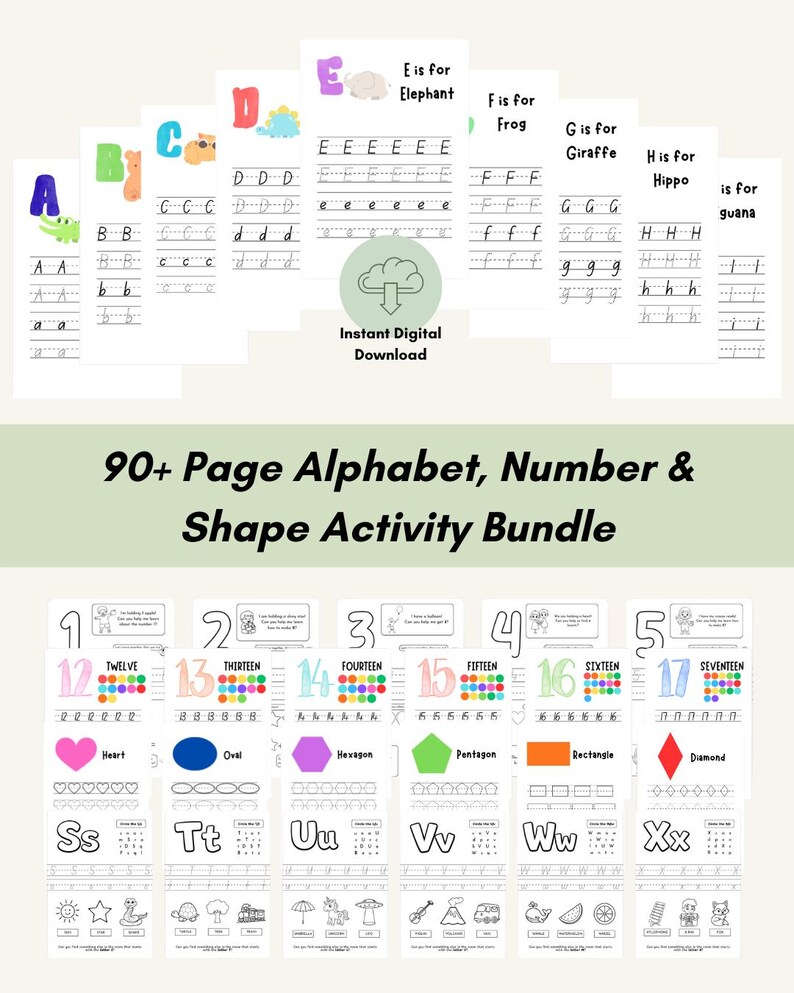 Alphabet, Number & Shape Worksheets Bundle | 90+ Printable Preschool ...