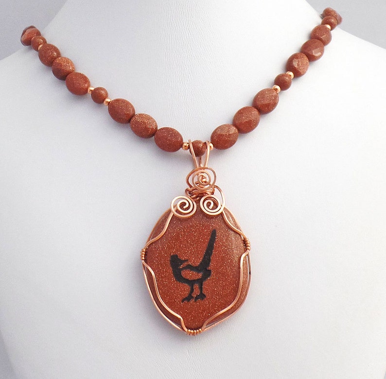 Goldstone Copper Road Runner Pendant Beaded Necklace Southwest Natural ...