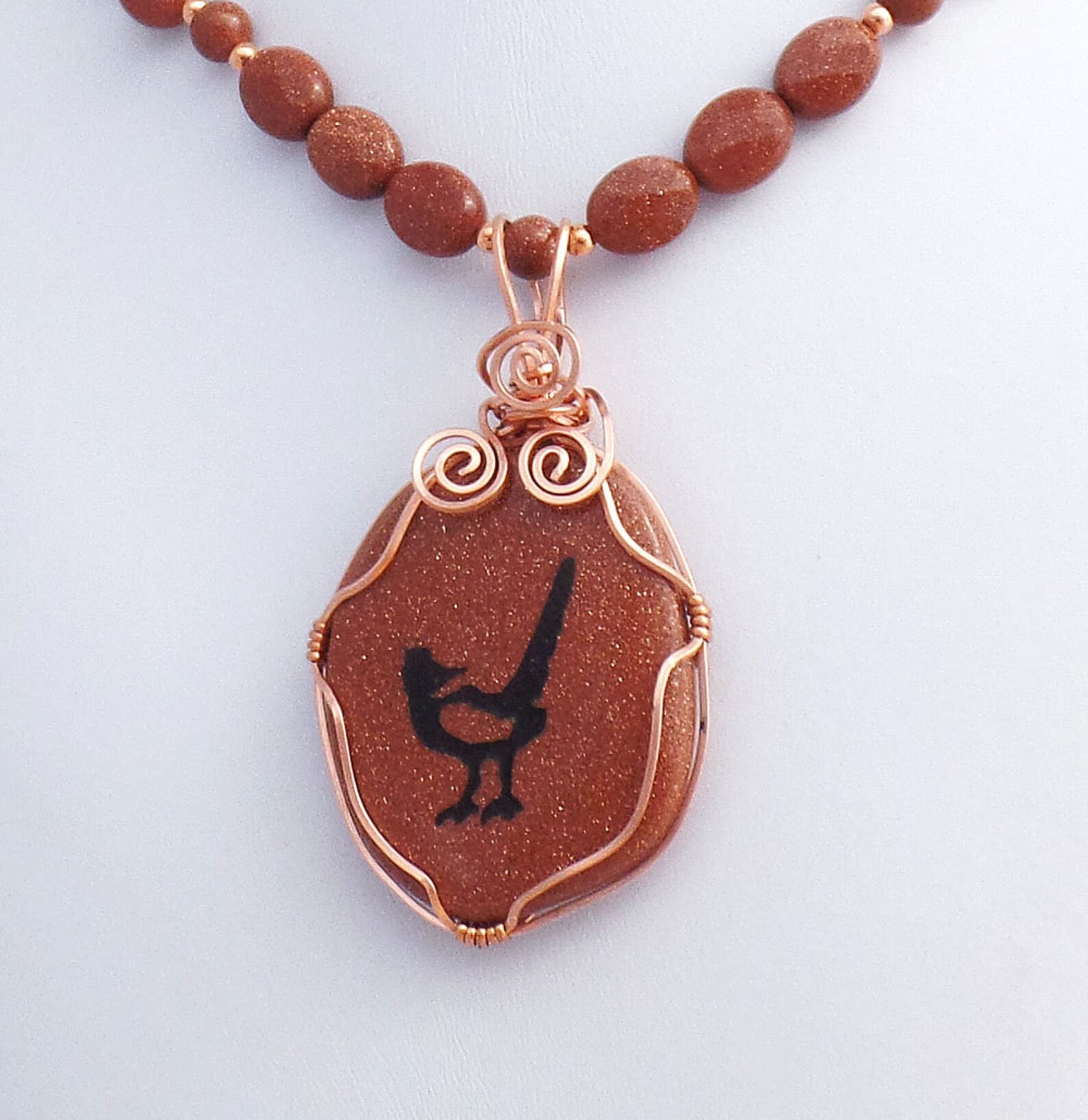 Goldstone Copper Road Runner Pendant Beaded Necklace Southwest Natural ...