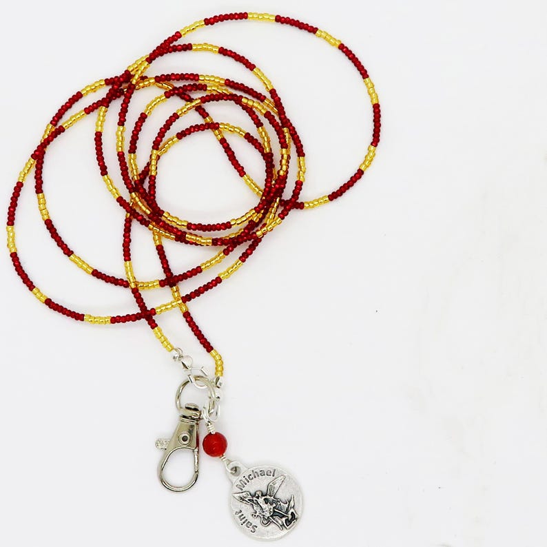 USMC St Michael Phone Lanyard, Red Gold Seed Beads, Patriotic Crossbody ...