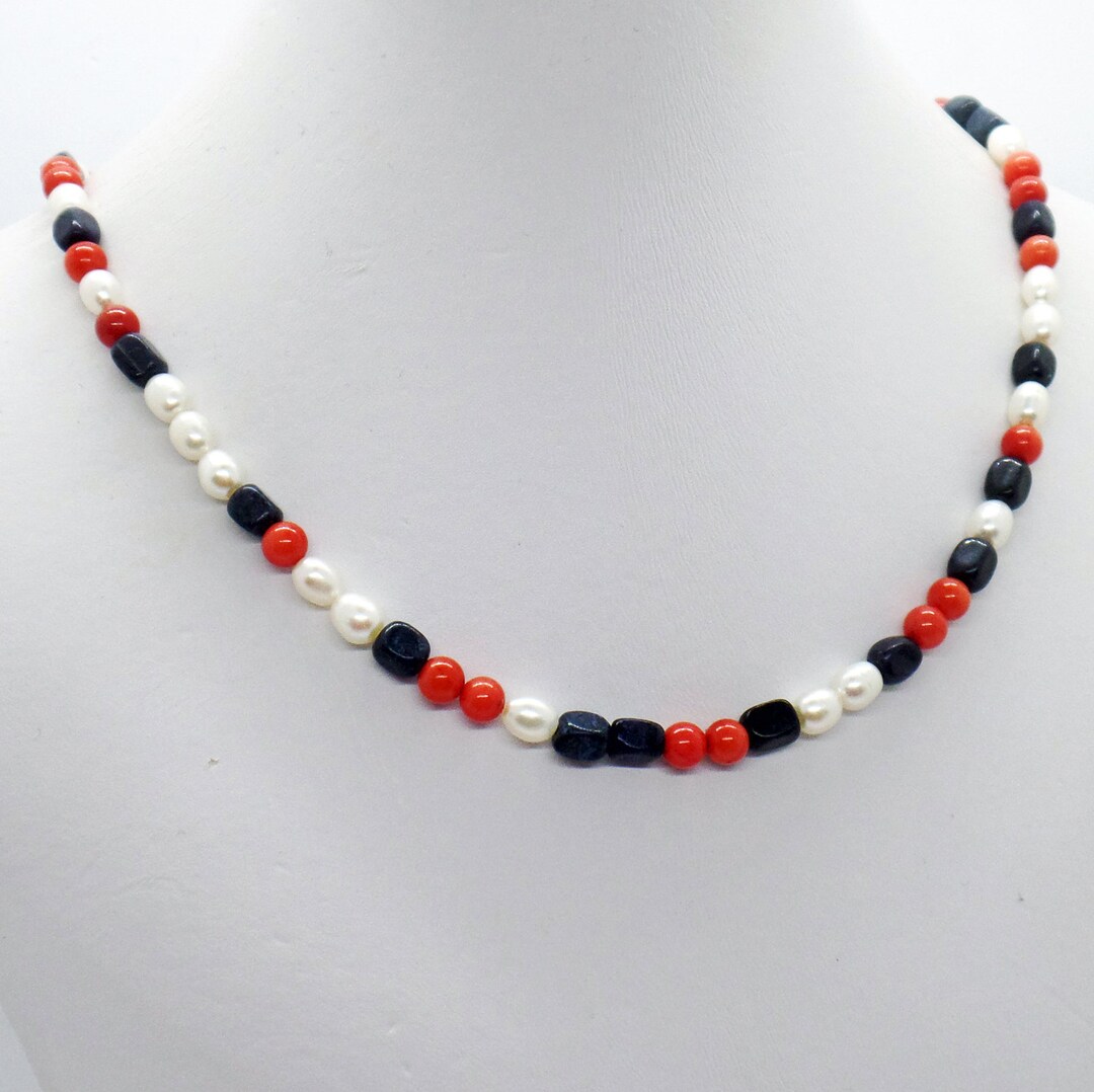 Dumortierite Coral Pearl Avant Garde Necklace Red White Blue USA - Etsy.de