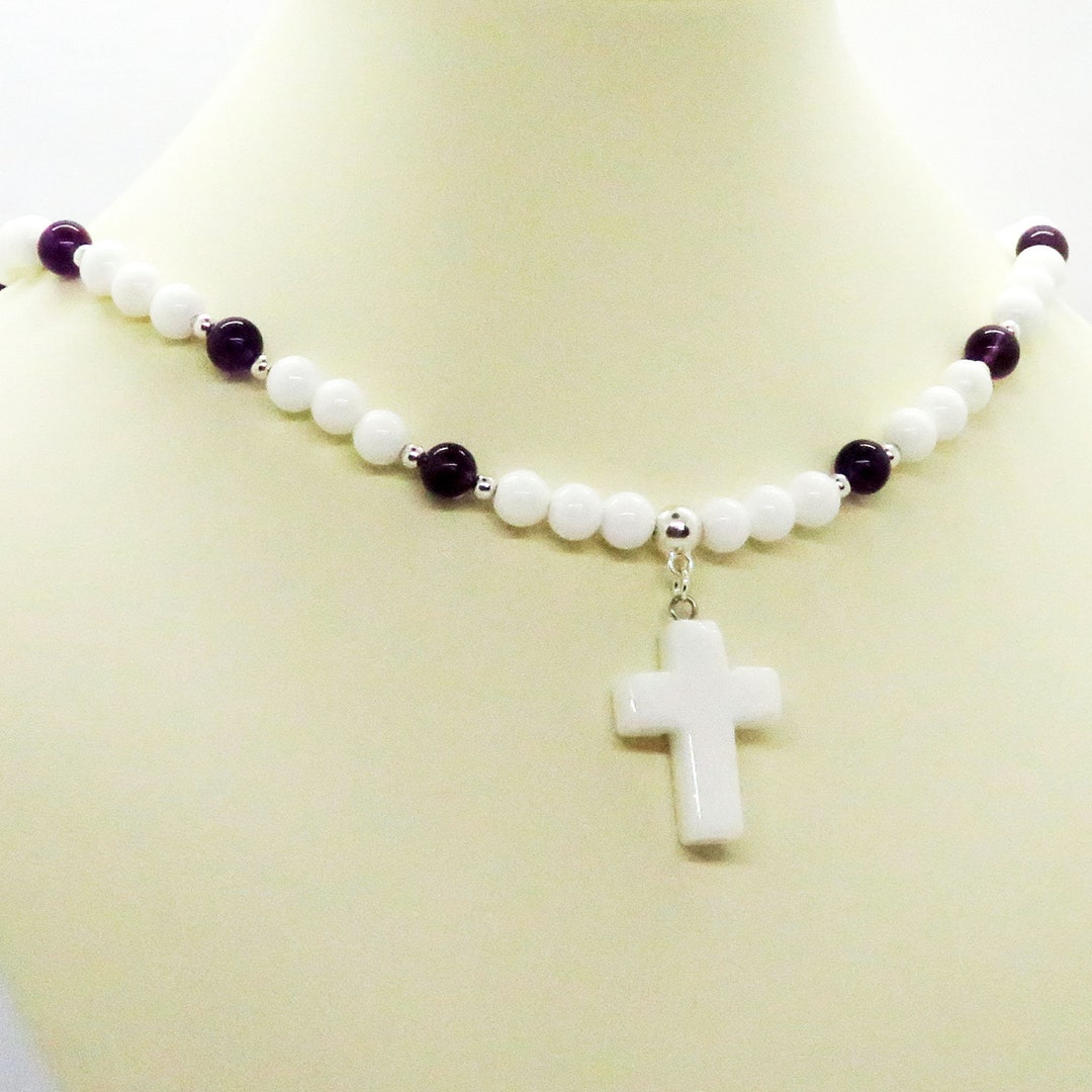 White Jade Cross Pendant With White Jade and Amethyst Adjustable ...
