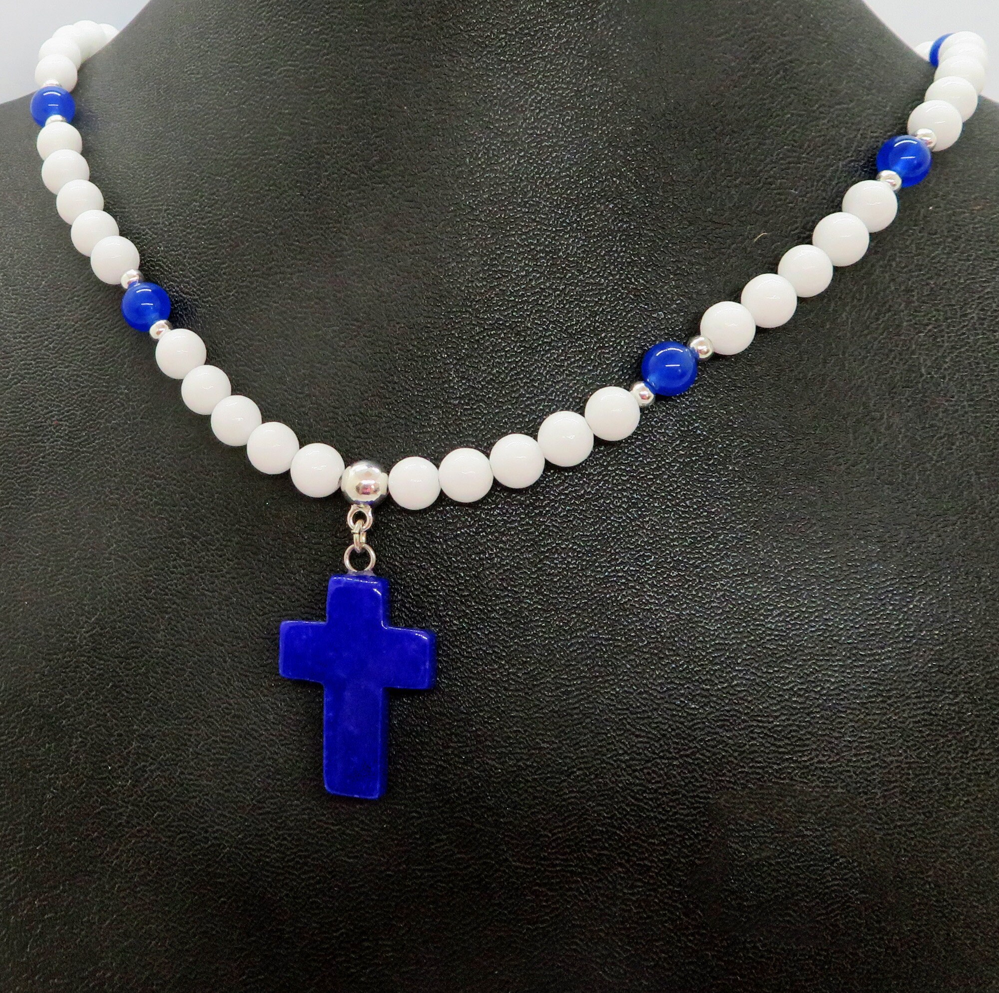 Dark Blue Quartz Cross White Jade Blue Quartz Necklace | Etsy
