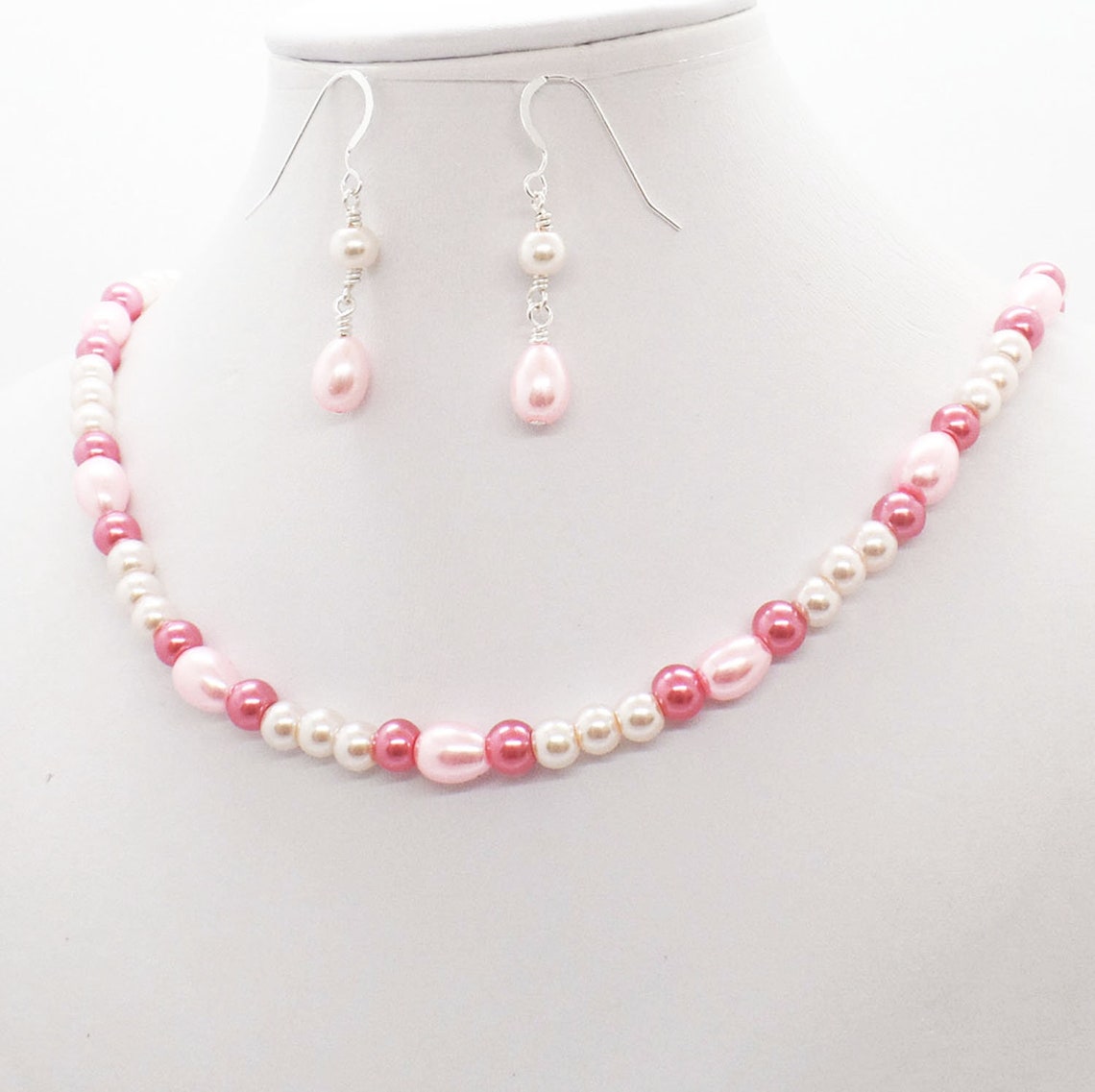 Pink Pearl Necklace Earrings Set Bridal Bride Wedding Spring - Etsy