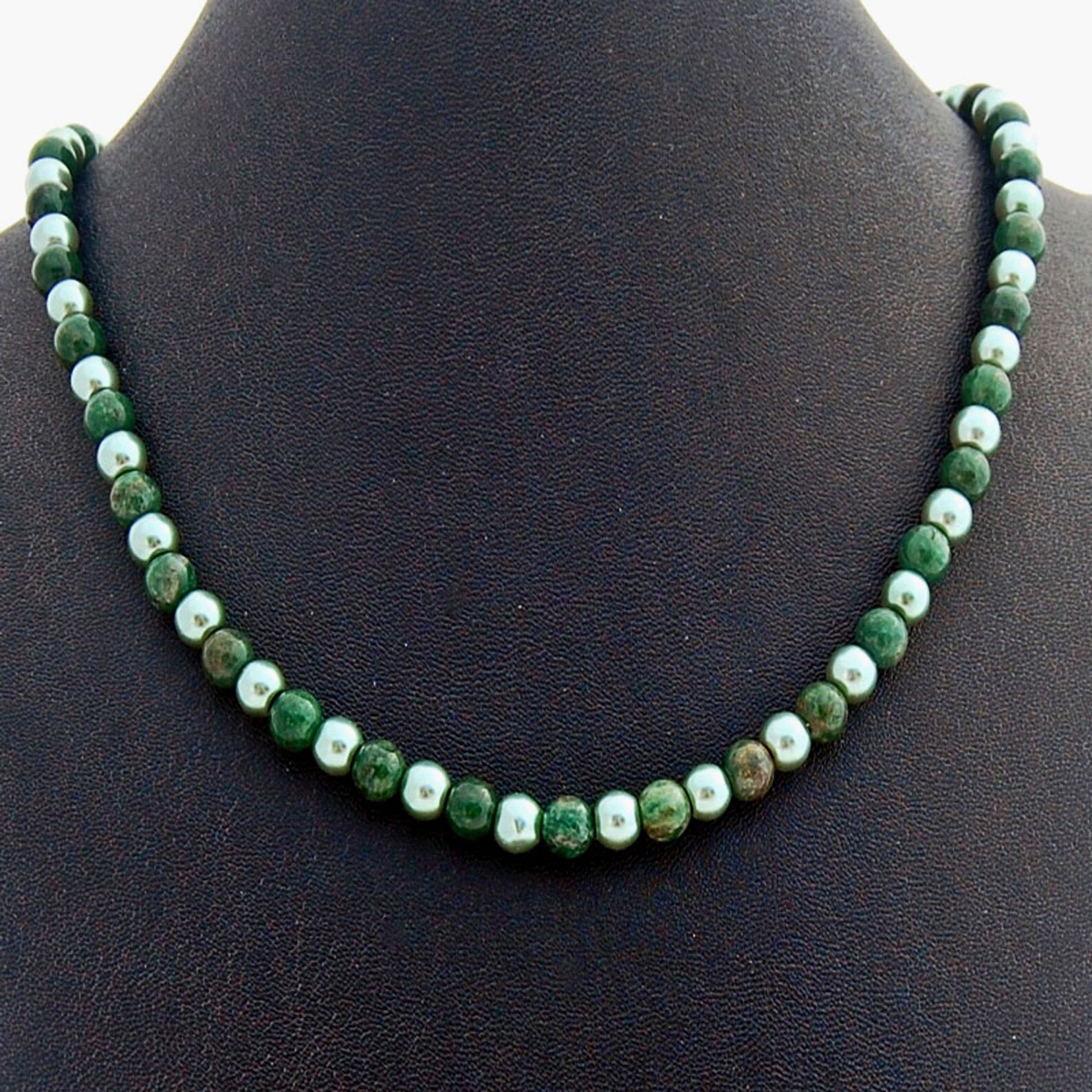 Verdite (african Jade) Gemstone and Green Crystal Pearl Necklace Beaded ...