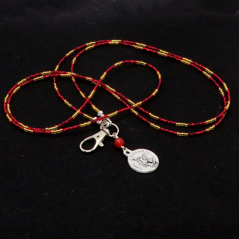 USMC St Michael Phone Lanyard, Red Gold Seed Beads, Patriotic Crossbody ...
