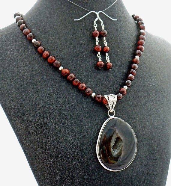 Agate Druzy Red Tiger Eye Necklace Earrings Set Natural Stone - Etsy