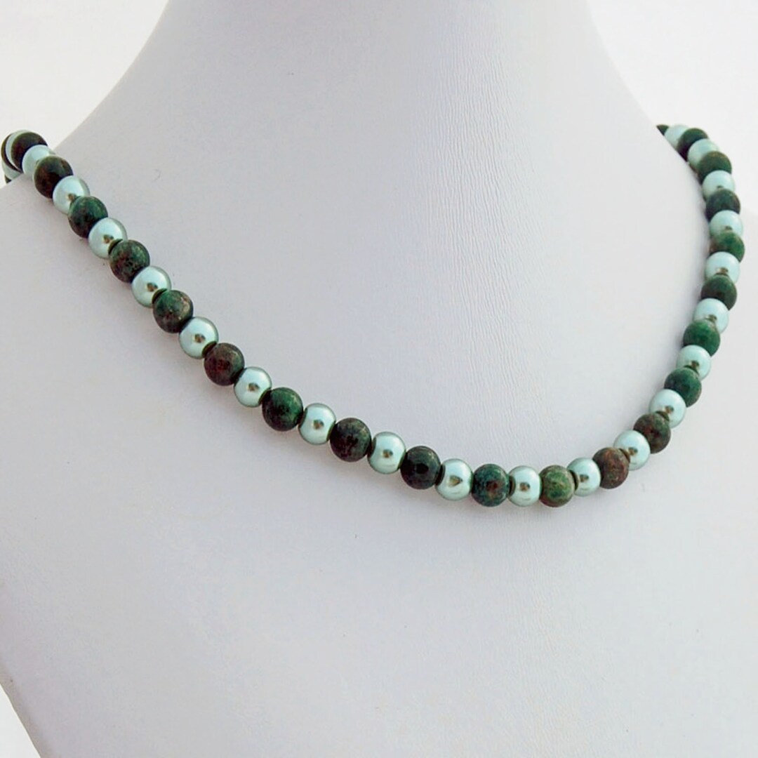 Verdite (african Jade) Gemstone and Green Crystal Pearl Necklace Beaded ...