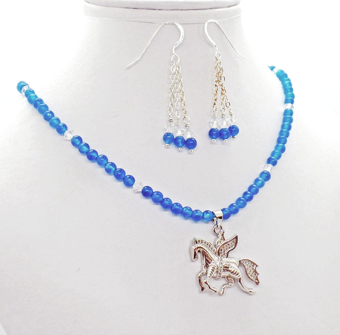 Crystal Pave Pegasus Blue Quartz Necklace Earrings Set - Etsy