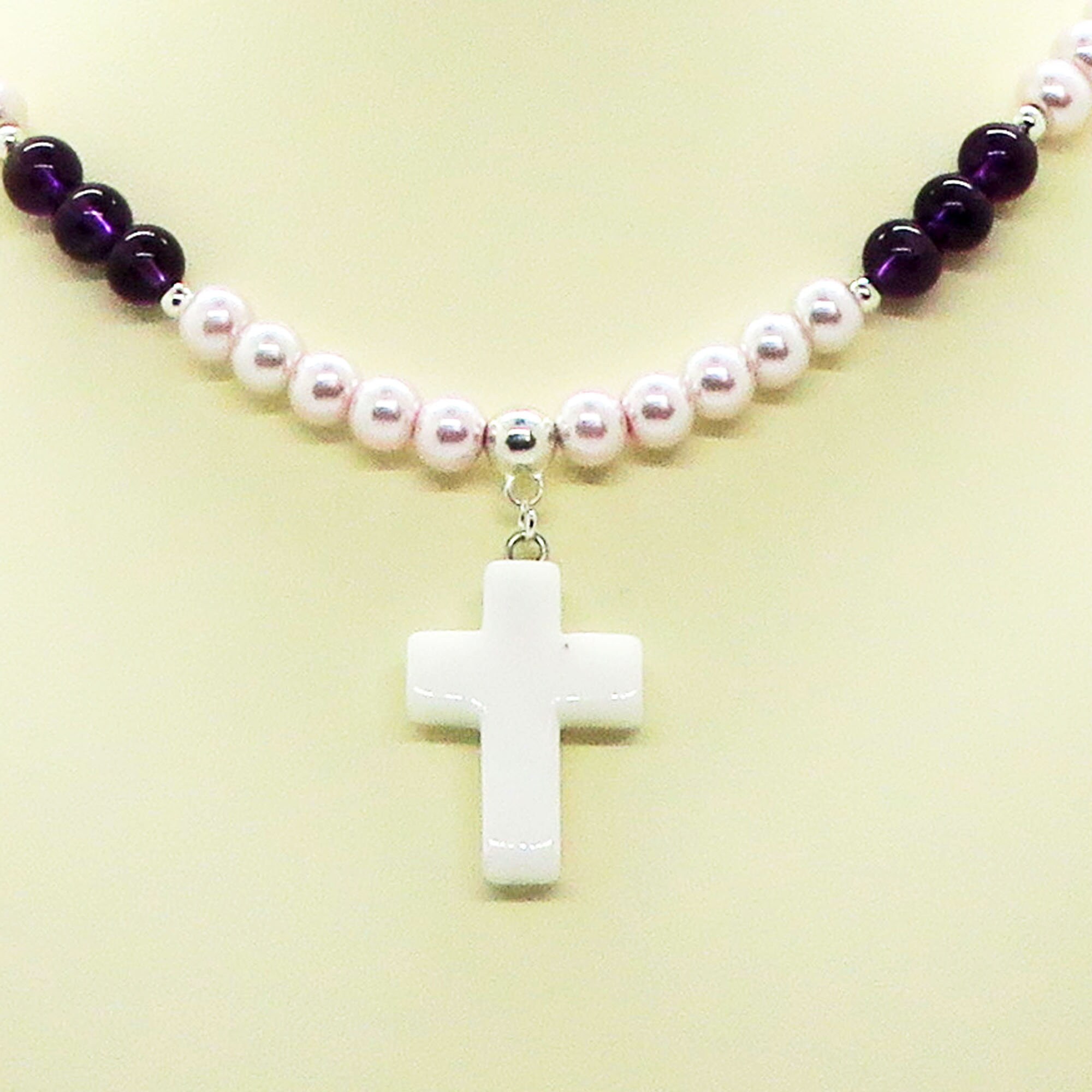White Jade Cross Pendant With Amethyst and Lavender Crystal Pearl ...
