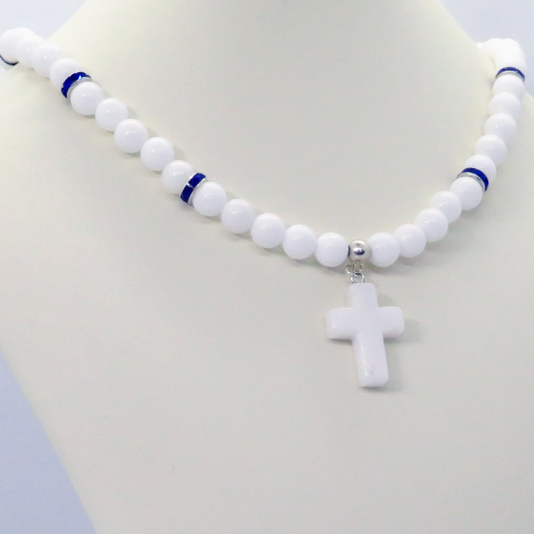 White Jade Cross Necklace, Blue Crystal Accent, Christian Statement - Etsy
