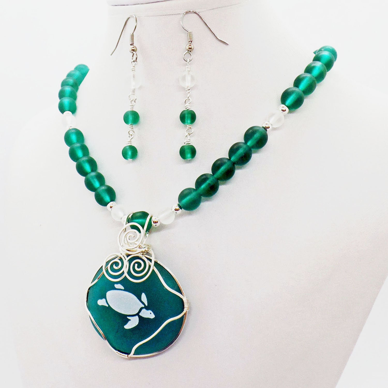 Green Sea Glass Turtle Pendant Necklace Earrings Set - Etsy