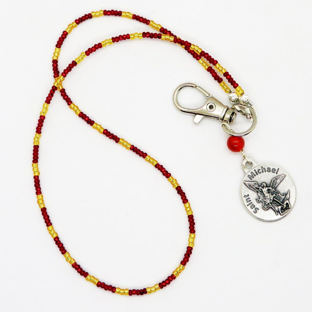 USMC St Michael Phone Lanyard, Red Gold Glass Beads, Military Gift - Etsy
