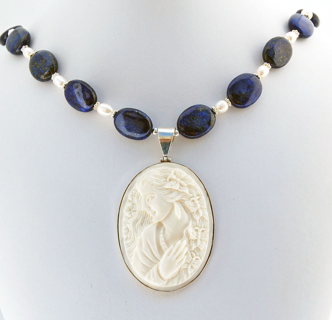 Cameo Indigo Blue Lapis Lazuli Pearl Natural Stone Pendant Necklace 80 ...