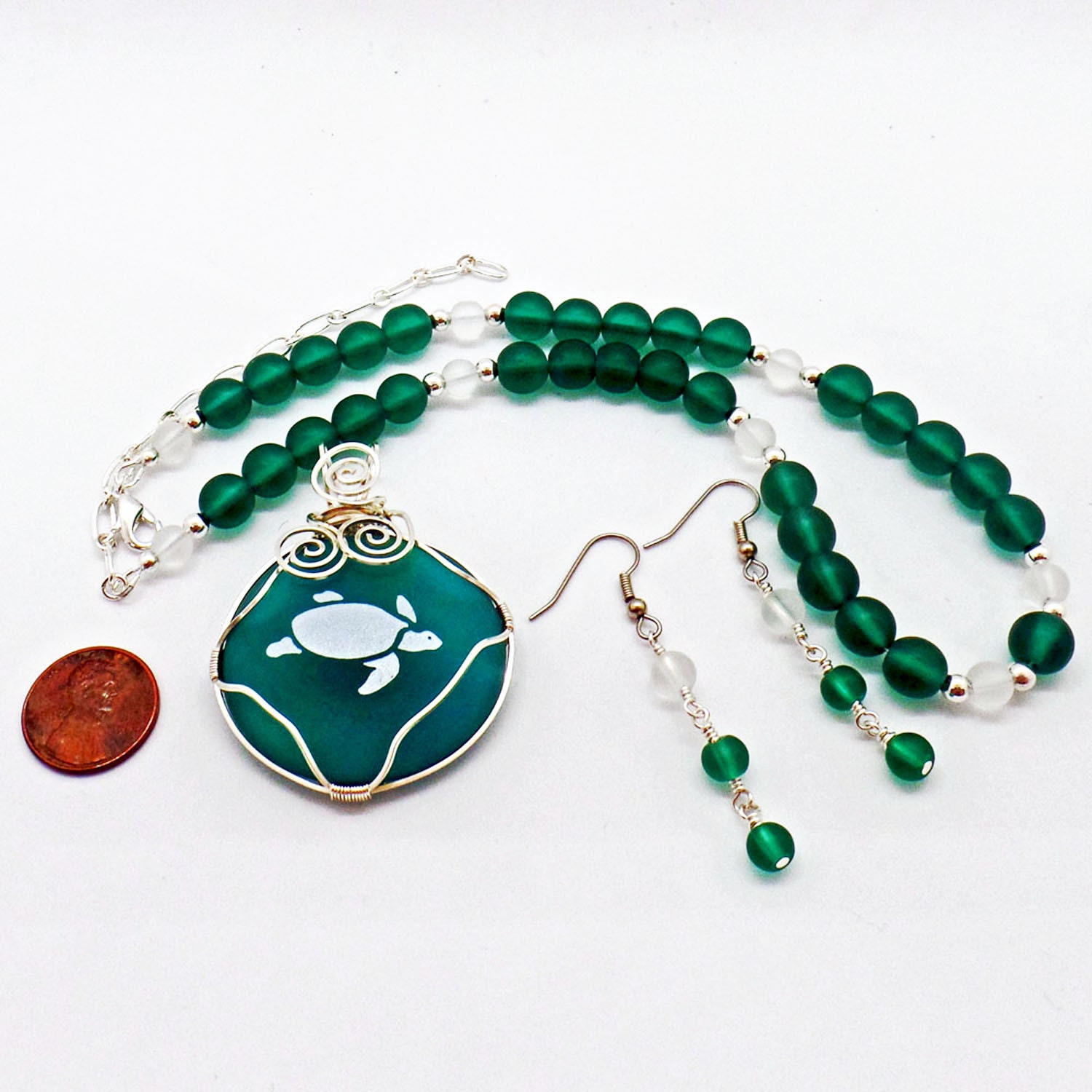 Green Sea Glass Turtle Pendant Necklace Earrings Set - Etsy