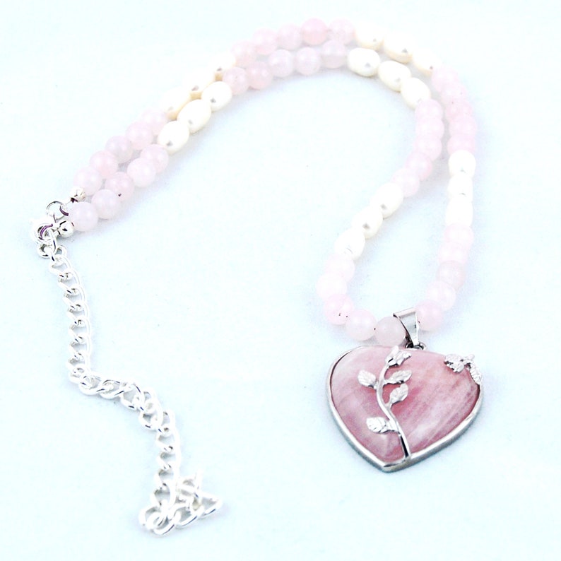 Pink Quartz Heart Pendant Pearl Pink Quartz Necklace, Quinceañera ...