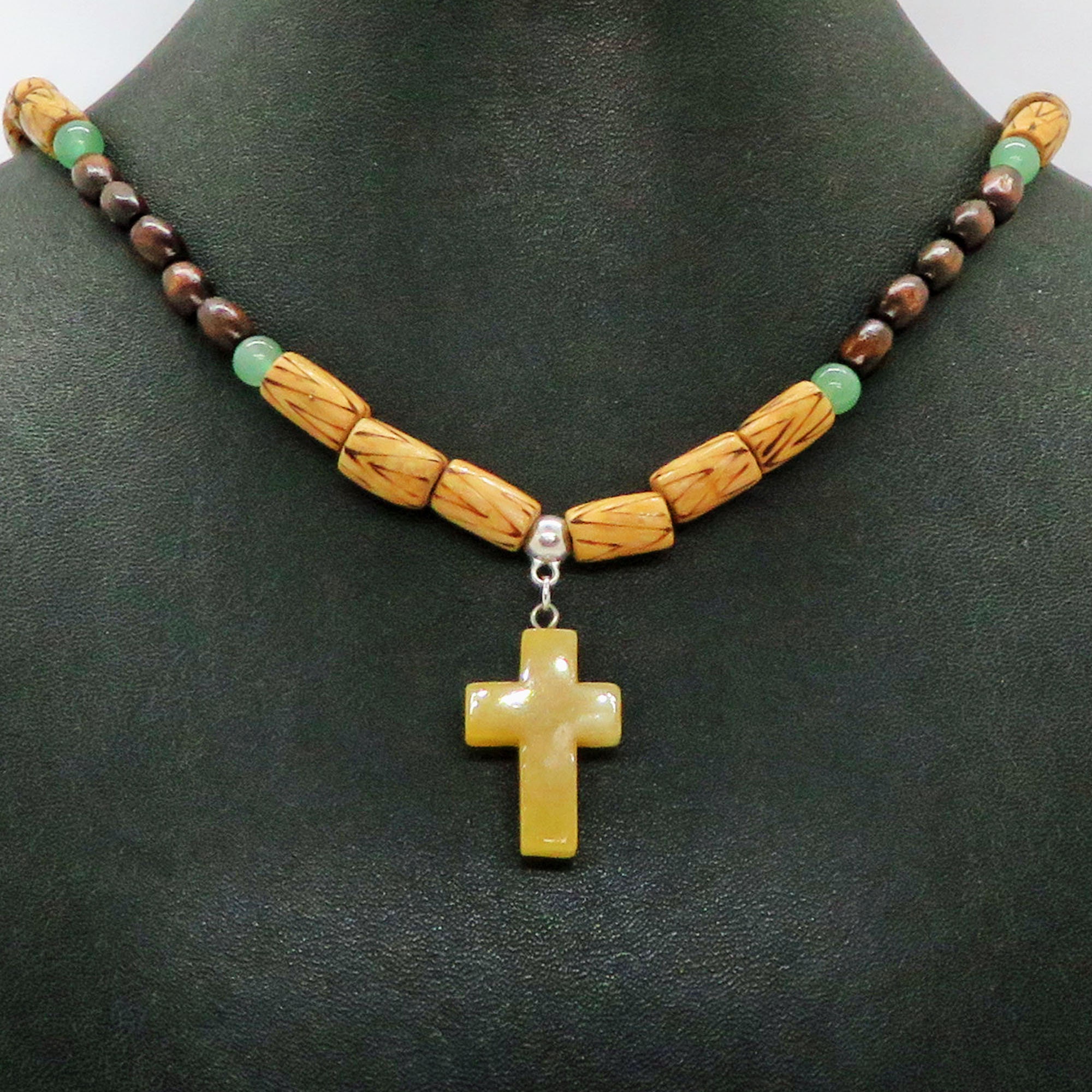 Tan Agate Natural Stone Cross Pendant With Wood and Aventurine ...