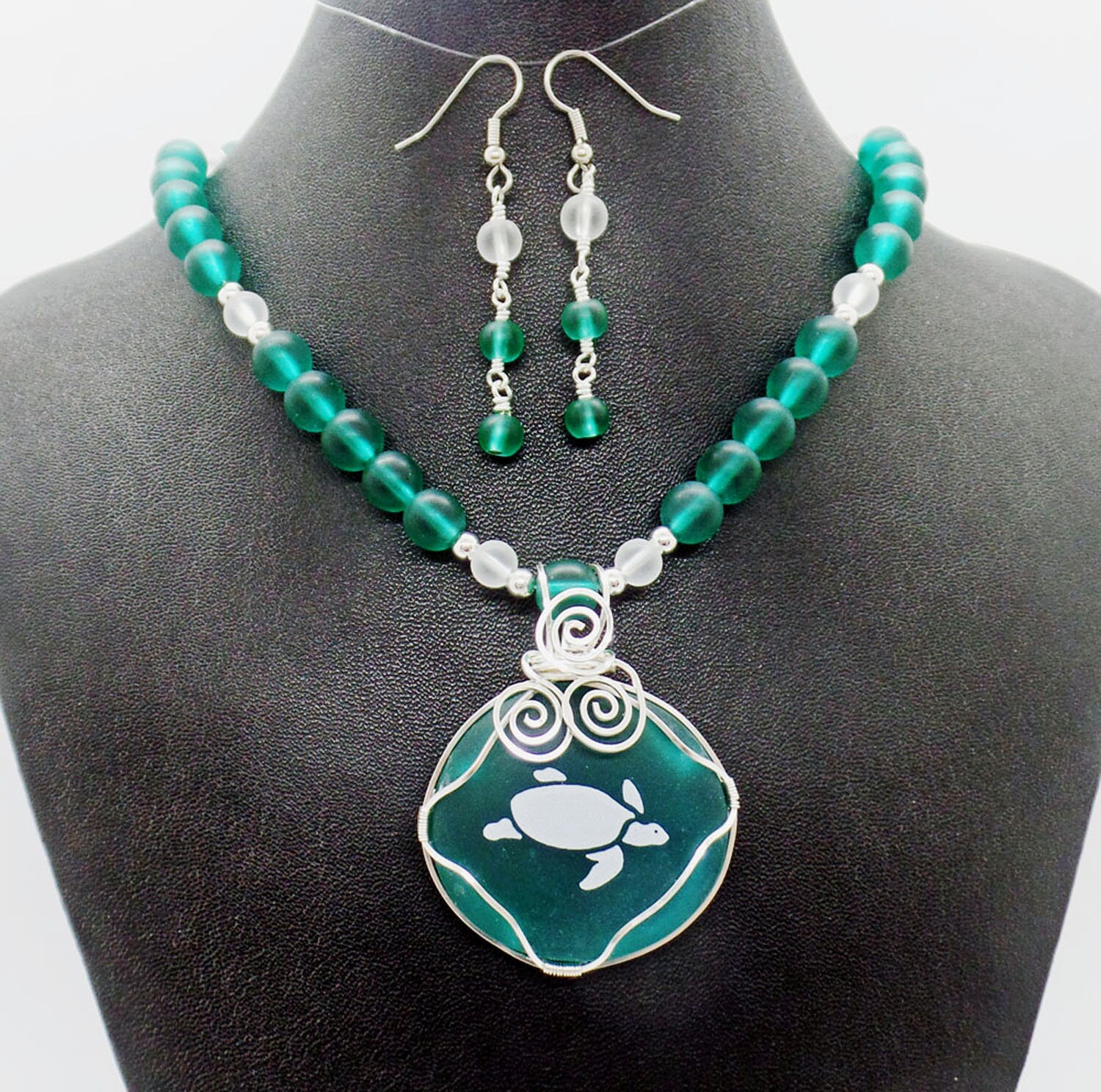 Green Sea Glass Turtle Pendant Necklace Earrings Set - Etsy