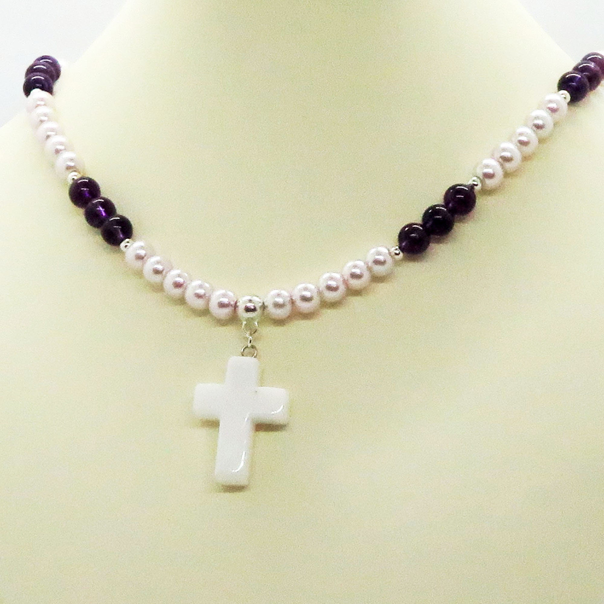 White Jade Cross Pendant With Amethyst and Lavender Crystal Pearl ...