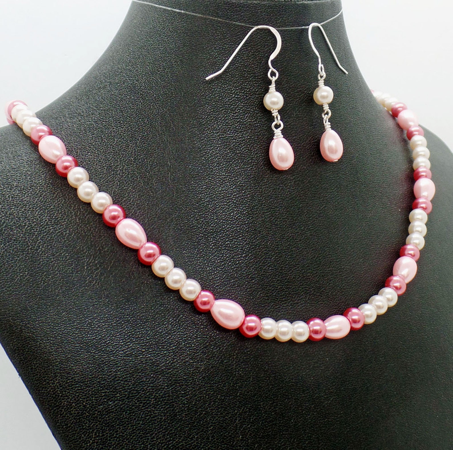 Pink Pearl Necklace Earrings Set Bridal Bride Wedding Spring - Etsy