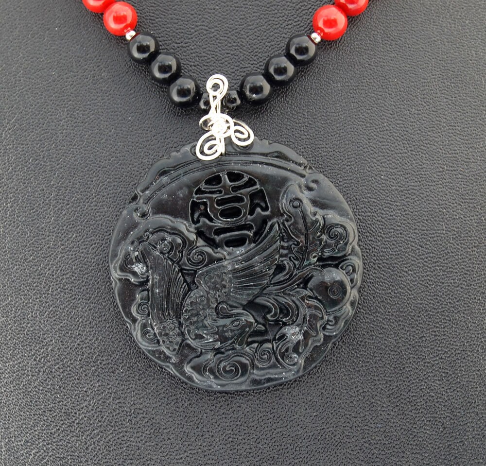 Jade Phoenix Pendant Coral Onyx and Sterling Silver Necklace - Etsy