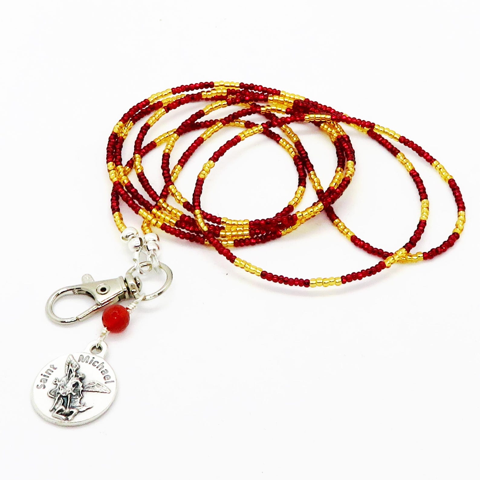 USMC St Michael Phone Lanyard, Red Gold Seed Beads, Patriotic Crossbody ...