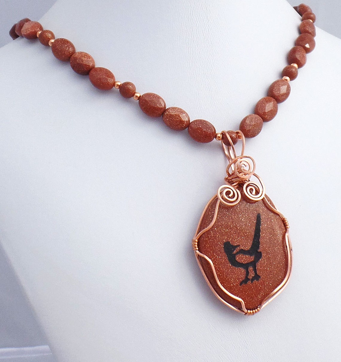 Goldstone Copper Road Runner Pendant Beaded Necklace Southwest Natural ...