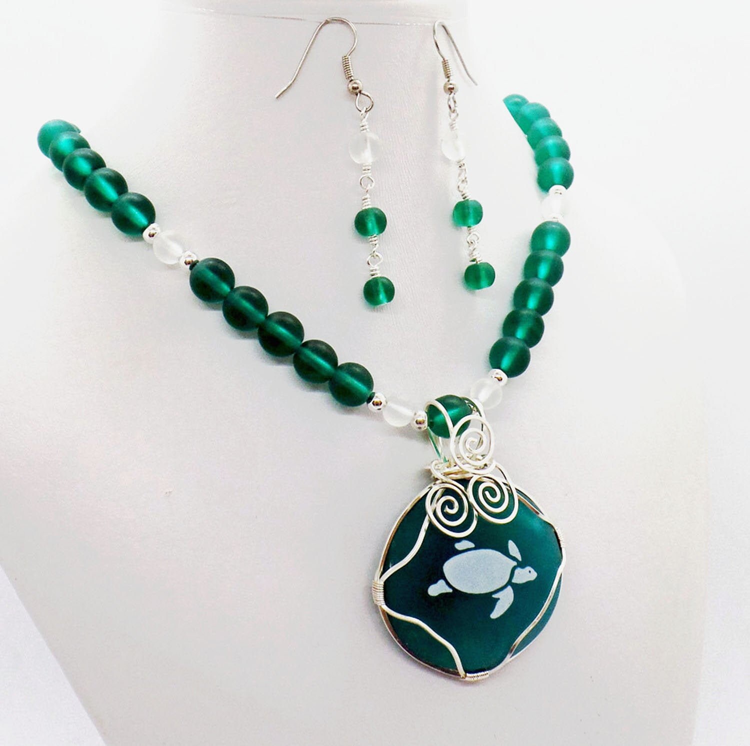 Green Sea Glass Turtle Pendant Necklace Earrings Set - Etsy