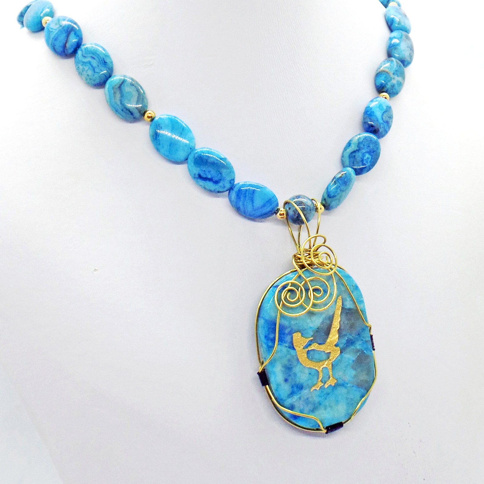 Blue Crazy Lace Road Runner Pendant and Necklace Southwest Style - Etsy