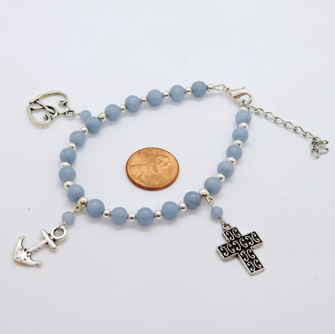Faith Hope Charity Angelite Charm Bracelet Cross Anchor Heart Religious ...