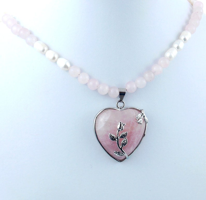Pink Quartz Heart Pendant Pearl Pink Quartz Necklace, Quinceañera ...