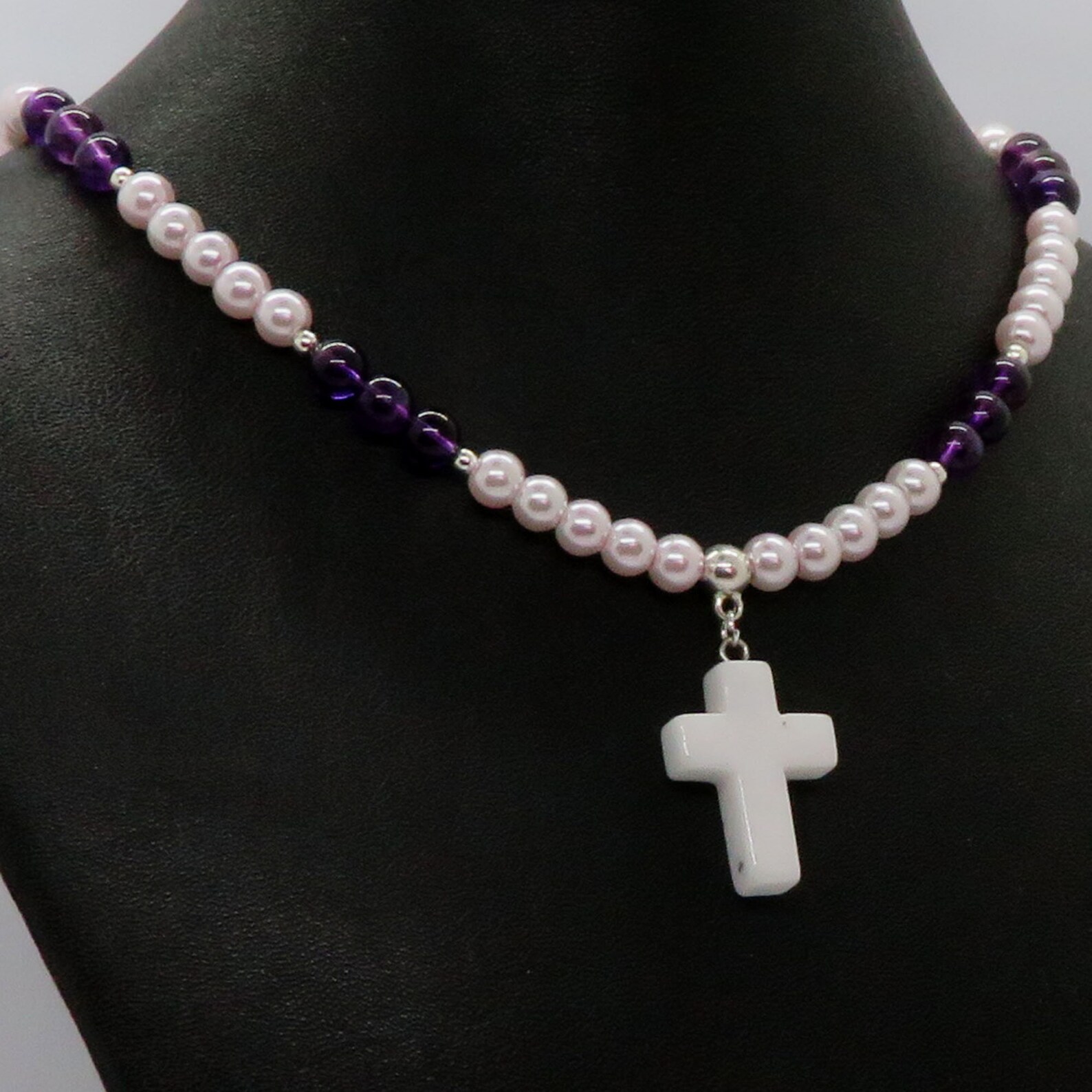 White Jade Cross Pendant With Amethyst and Lavender Crystal Pearl ...