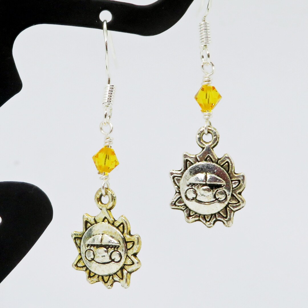 Pewter Sun and Sunflower Yellow Swarovski Crystal Earrings, Sunshine on ...