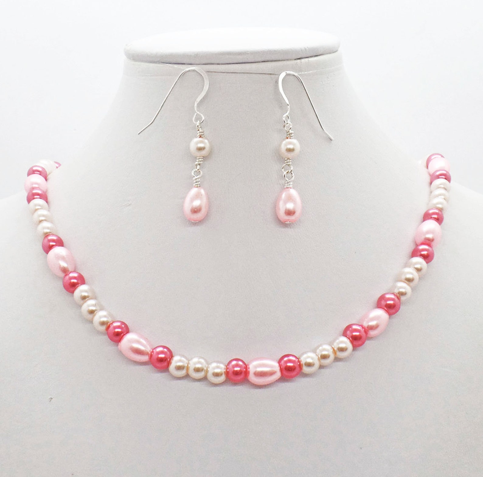Pink Pearl Necklace Earrings Set Bridal Bride Wedding Spring - Etsy