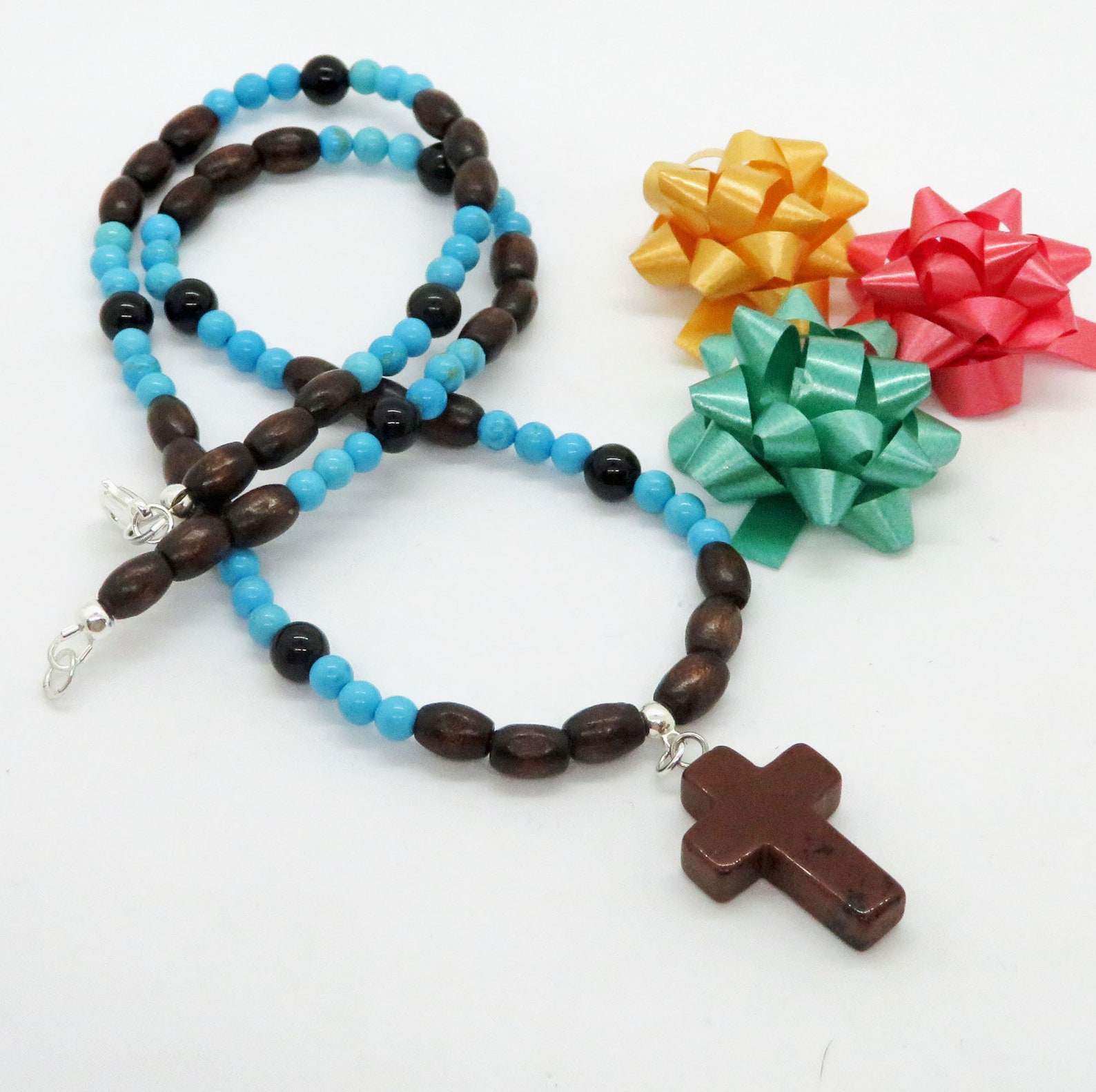 Mahogany Obsidian Cross Necklace, Turquoise Magnesite, Sugar Maple Wood ...