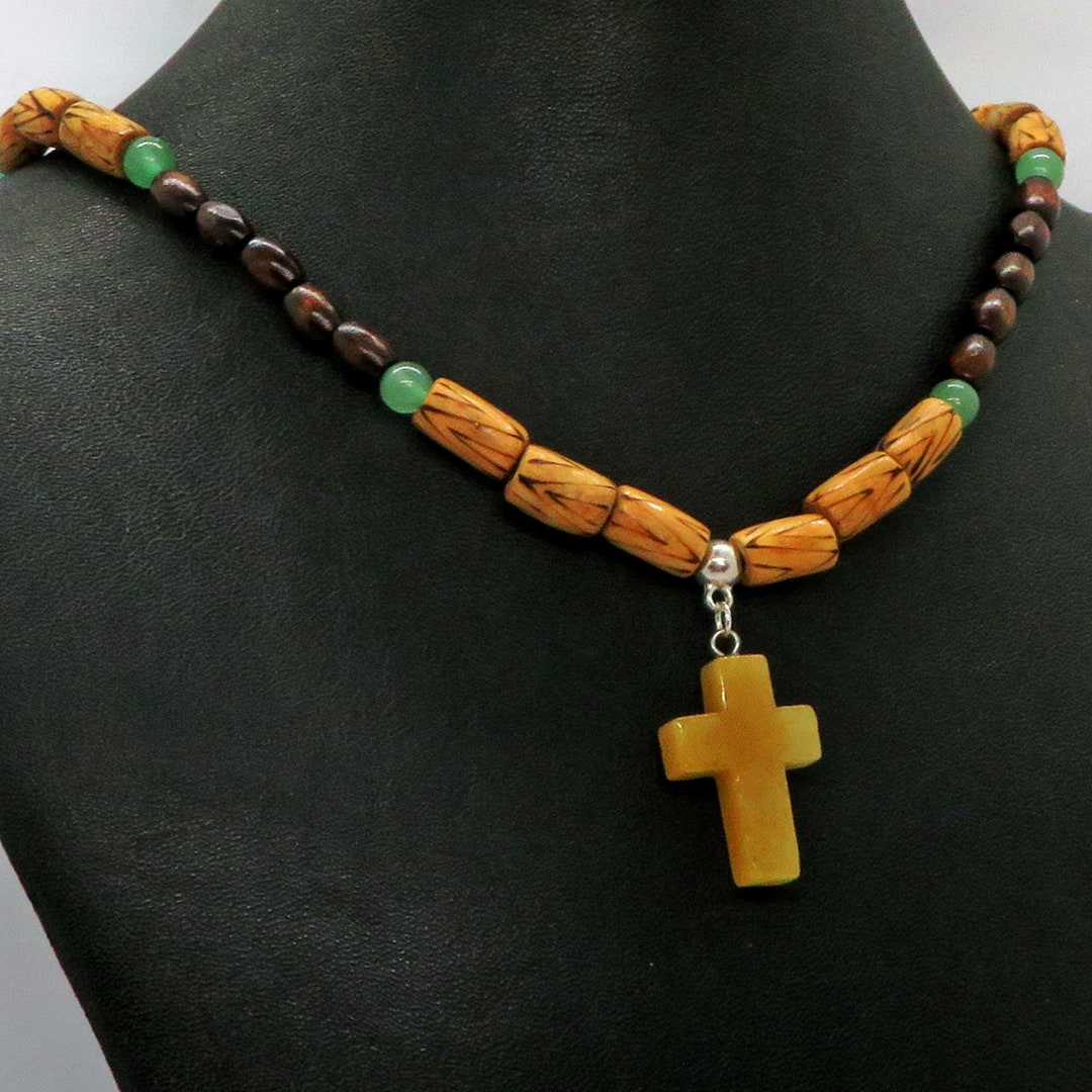 Tan Agate Natural Stone Cross Pendant With Wood and Aventurine ...