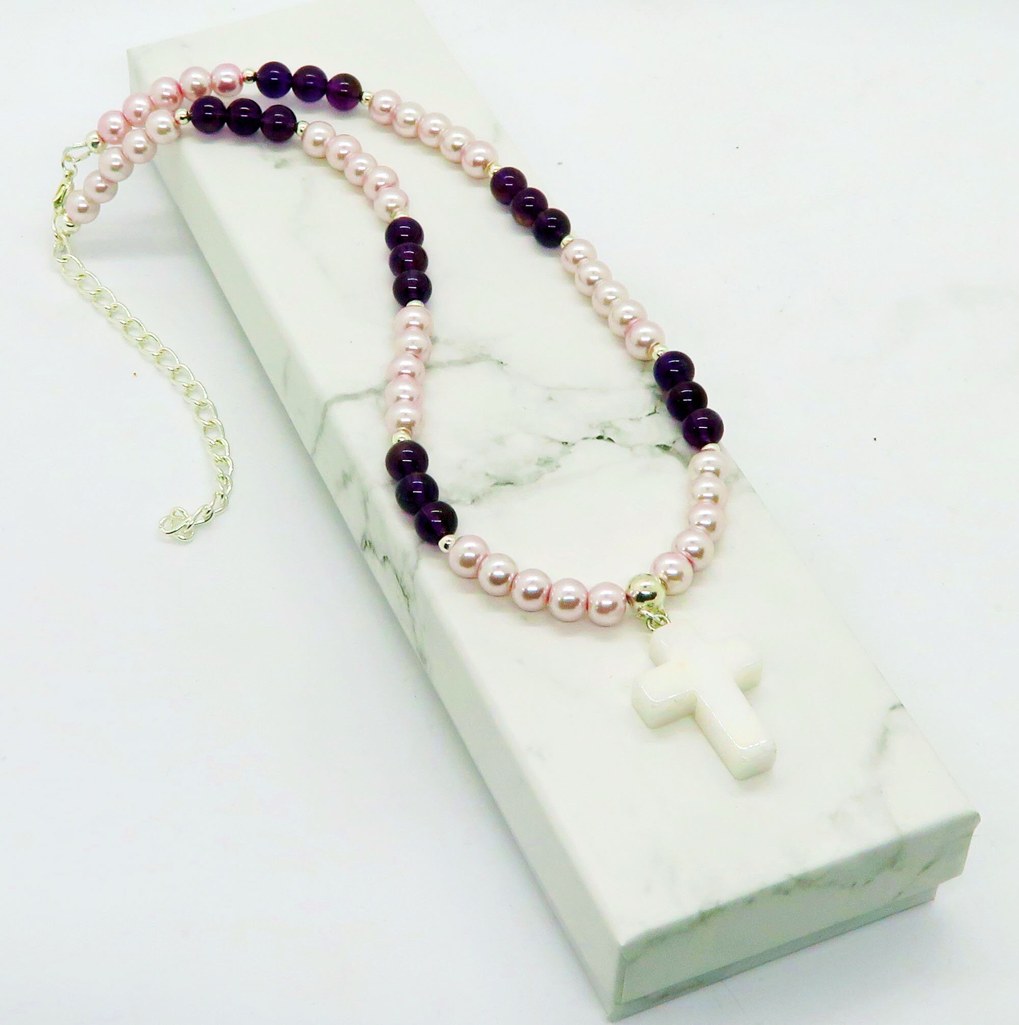 White Jade Cross Pendant With Amethyst and Lavender Crystal Pearl ...