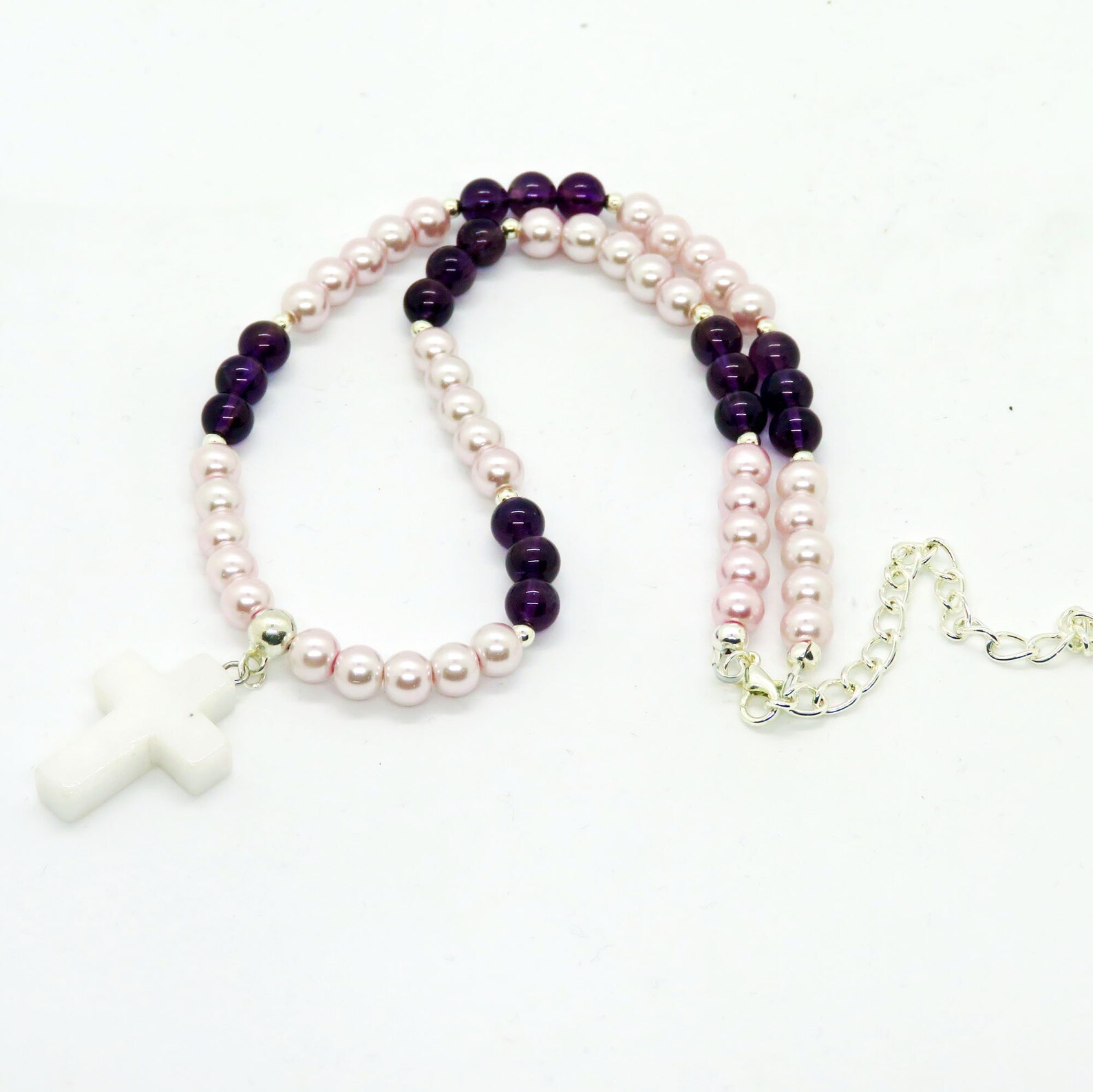 White Jade Cross Pendant With Amethyst and Lavender Crystal Pearl ...