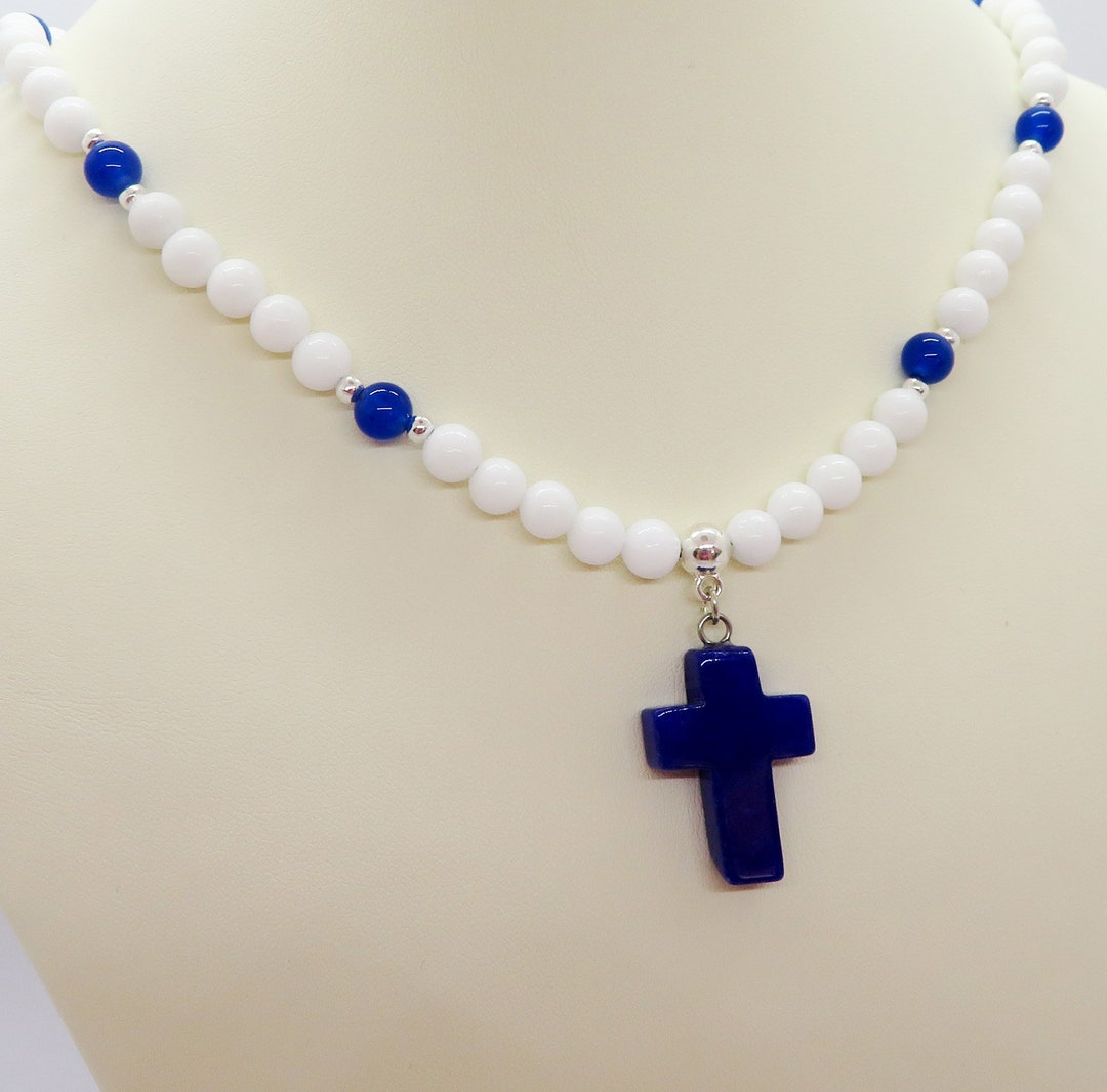 Dark Blue Quartz Cross Necklace, White Jade Gemstone Beads - Etsy