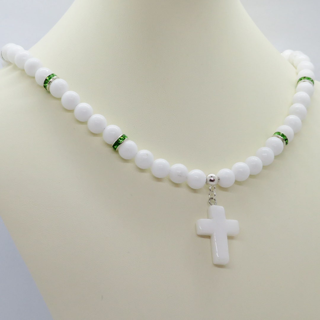 White Jade Cross Pendant Necklace, Peridot Crystal Accents, Christmas ...