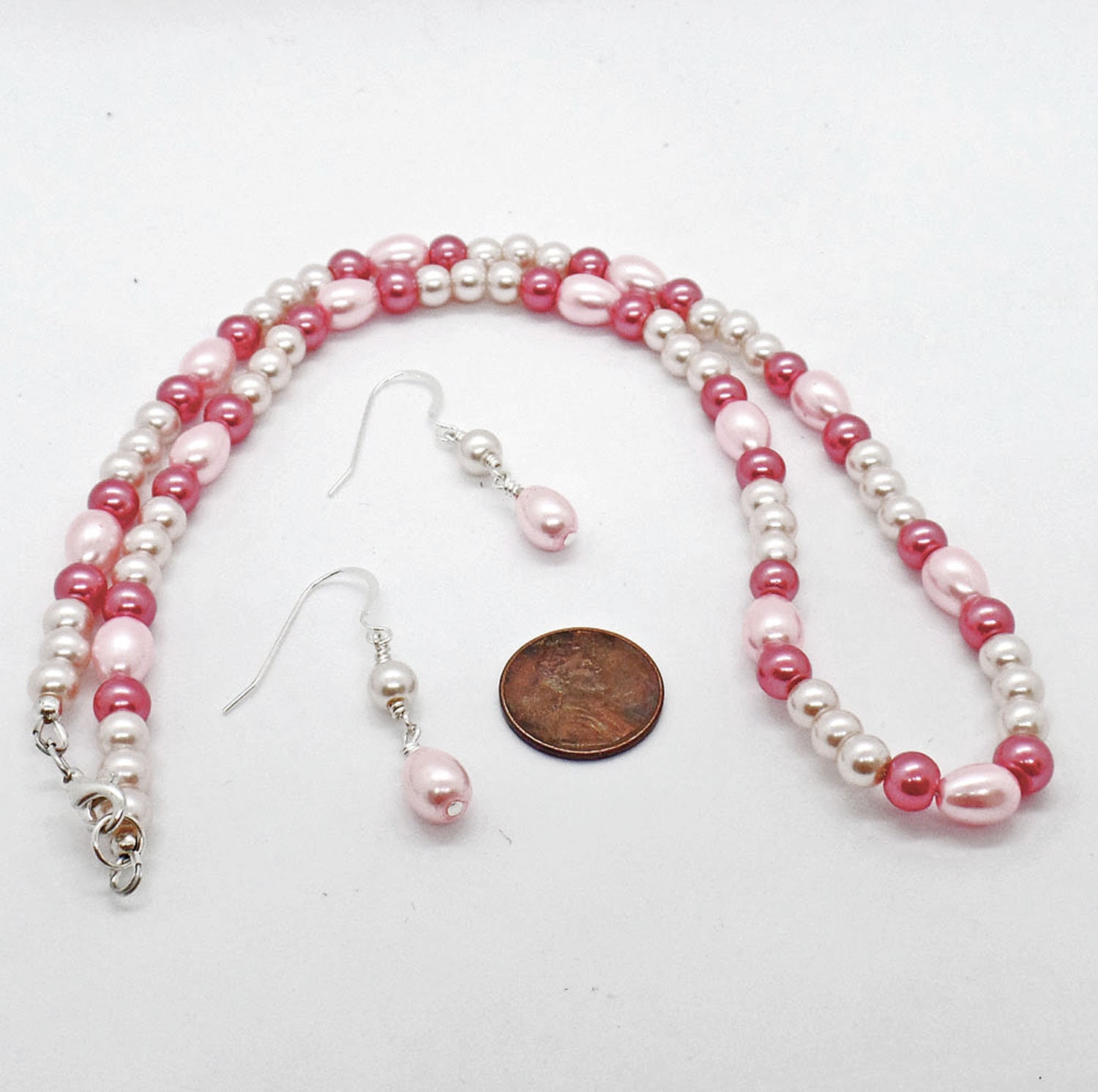 Pink Pearl Necklace Earrings Set Bridal Bride Wedding Spring - Etsy