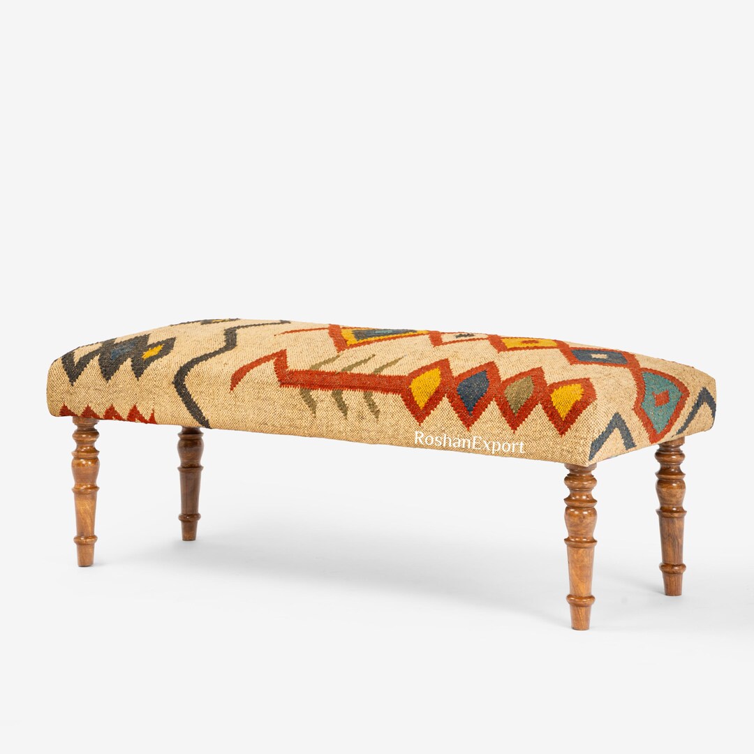 Wool Jute Rug Bench, Upholstered Bench, Handmade Furniture, Footstool ...