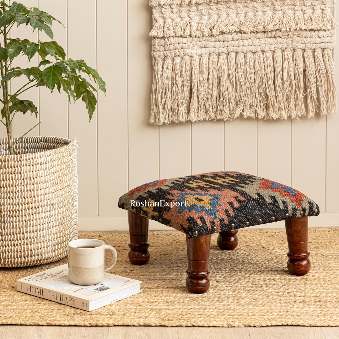 Kilim Upholstered Stool- Acacia Wooden Pouf Ottoman Footstool for ...