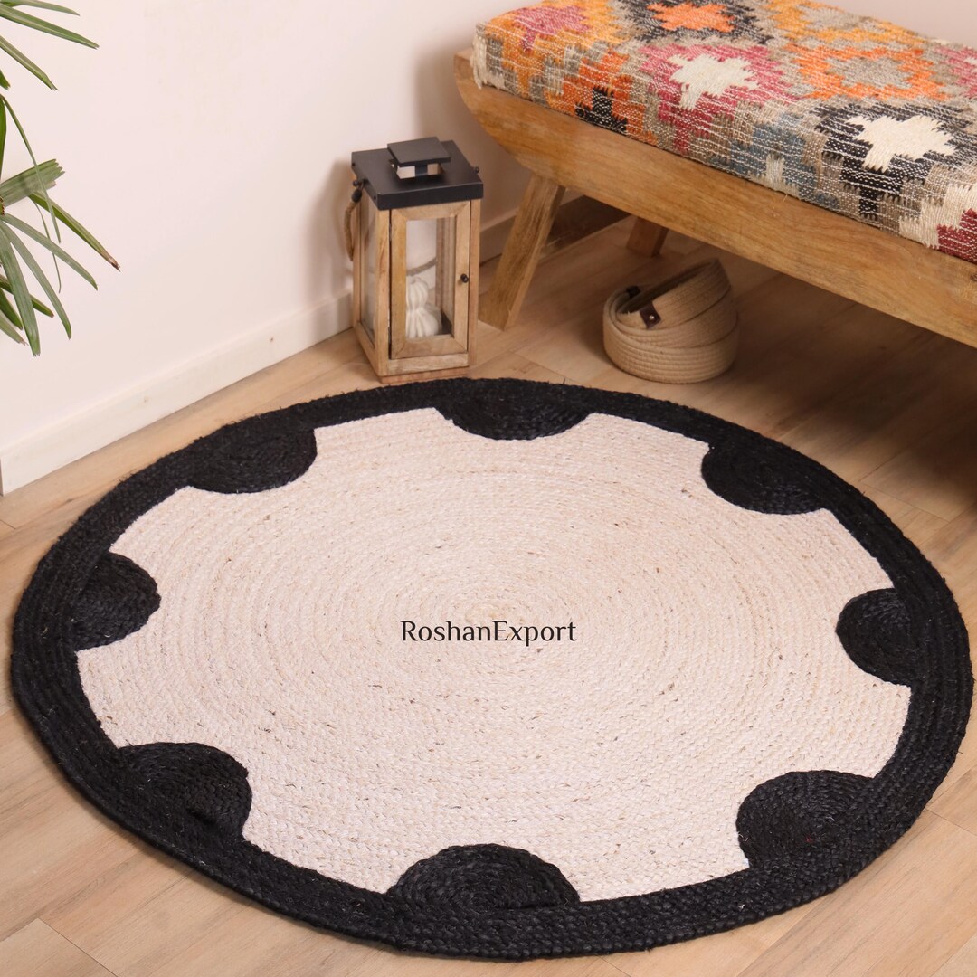 Round Hand Braided Jute White and Black Rug : Circle Jute Area Rugs for ...