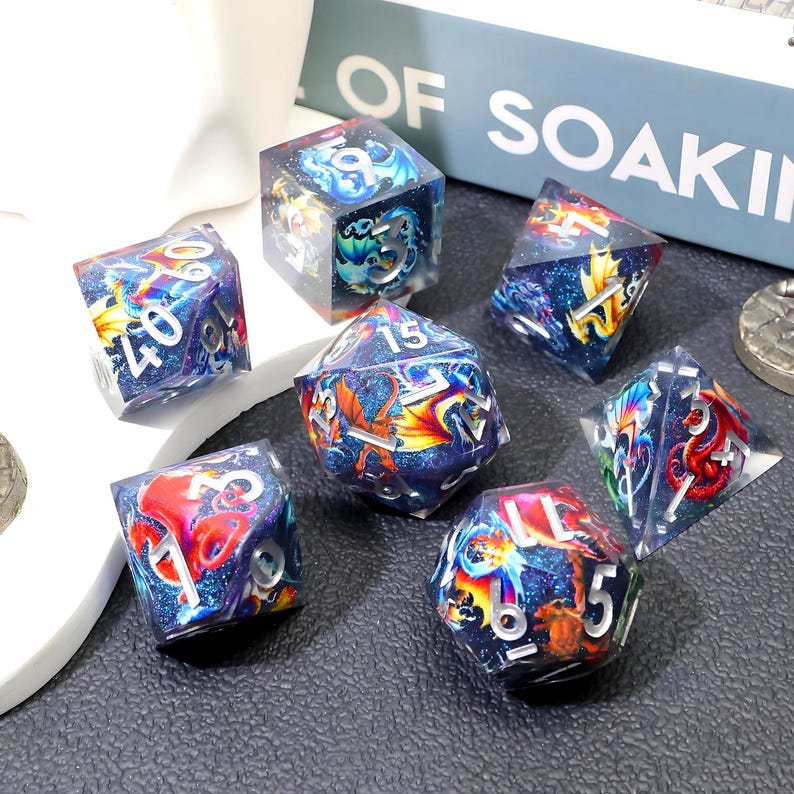 Handmade Polyhedral RPG Dice Set Resin DND Dice With Colorful Dragon ...