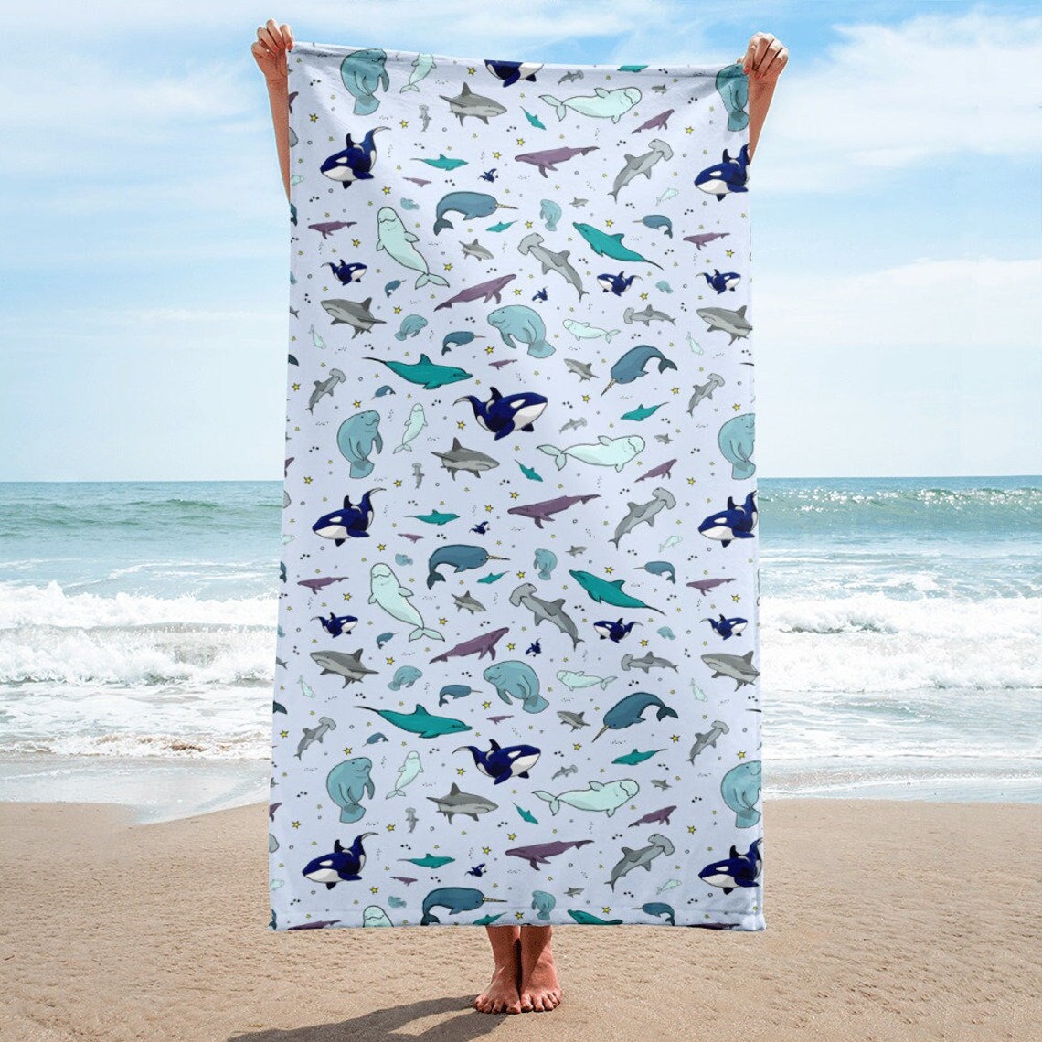Ocean Animals Towel Cute Whale Beach Towel Ocean Towels Marine - Etsy
