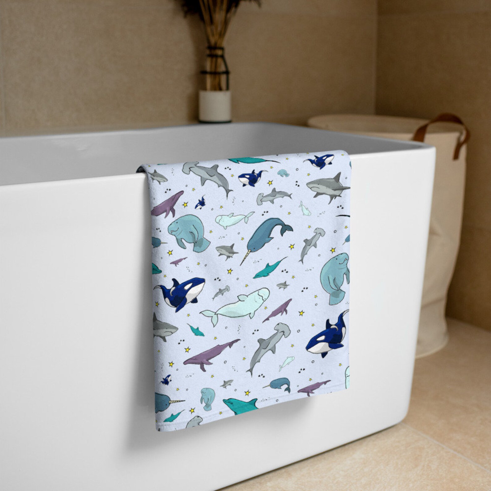 Ocean Animals Towel Cute Whale Beach Towel Ocean Towels Marine | Etsy