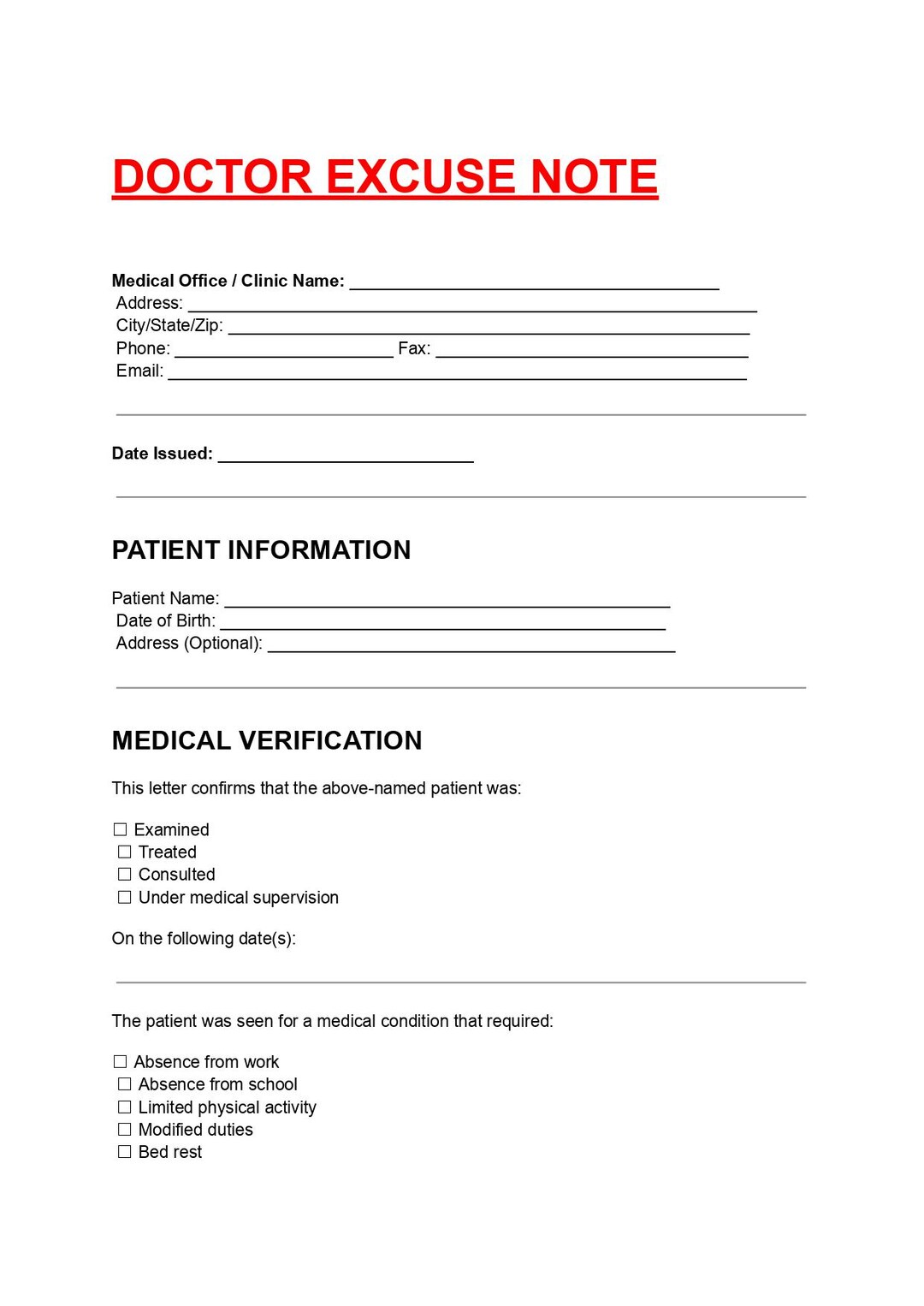 Editable Doctor Excuse Note Template | Medical Absence Form (PDF/DOC ...